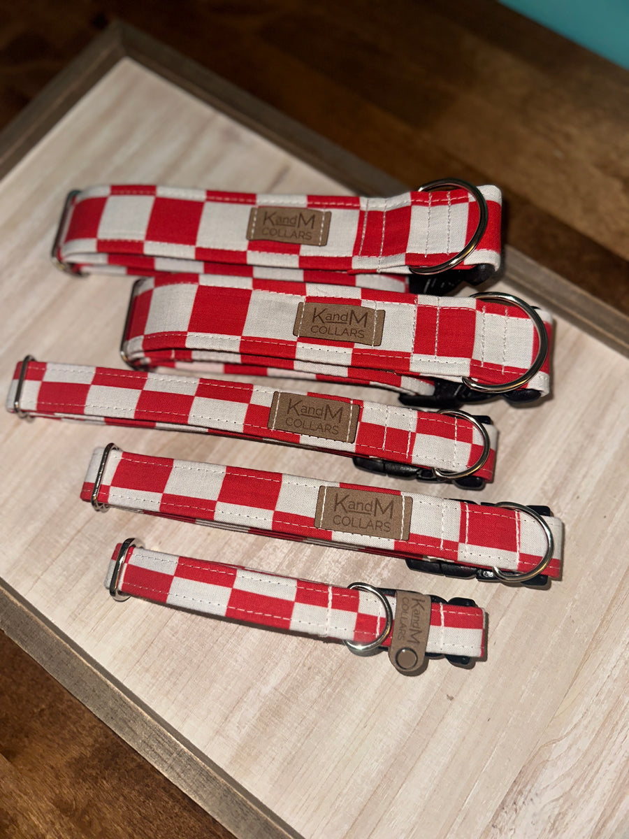 Red and White Checkered Dog Collar – K and M Collars